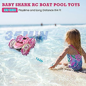 FUUY Amphibious RC Boat 360-degree Flips Waterproof Remote Control Car Monster Trucks LED Pink 4WD Roate Stunt Car Lake Pool Toys for Kids Ages 8-12