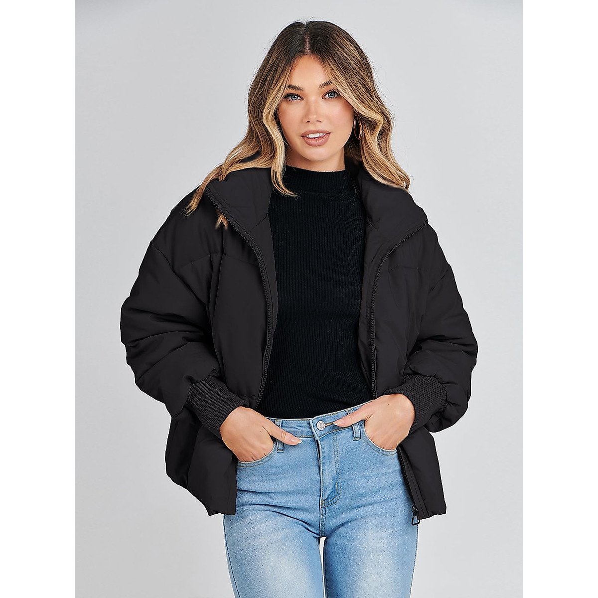 MEROKEETY Women's 2025 Winter Long Sleeve Zip Puffer Jacket Pockets Baggy Short Coats, Black, L