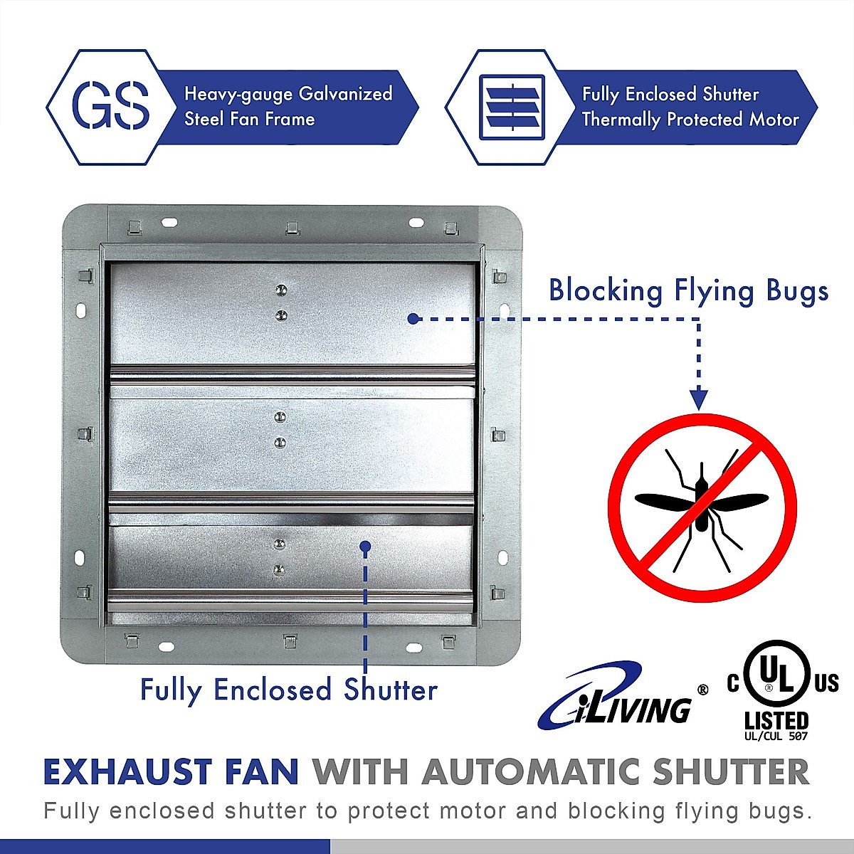 iLIVING 12" Wall Mounted Shutter Exhaust Fan, Automatic Shutter, with Thermostat and Variable Speed controller, 0.6A, 960 CFM, 1400 SQF Coverage Area Silver (ILG8SF12V-ST)