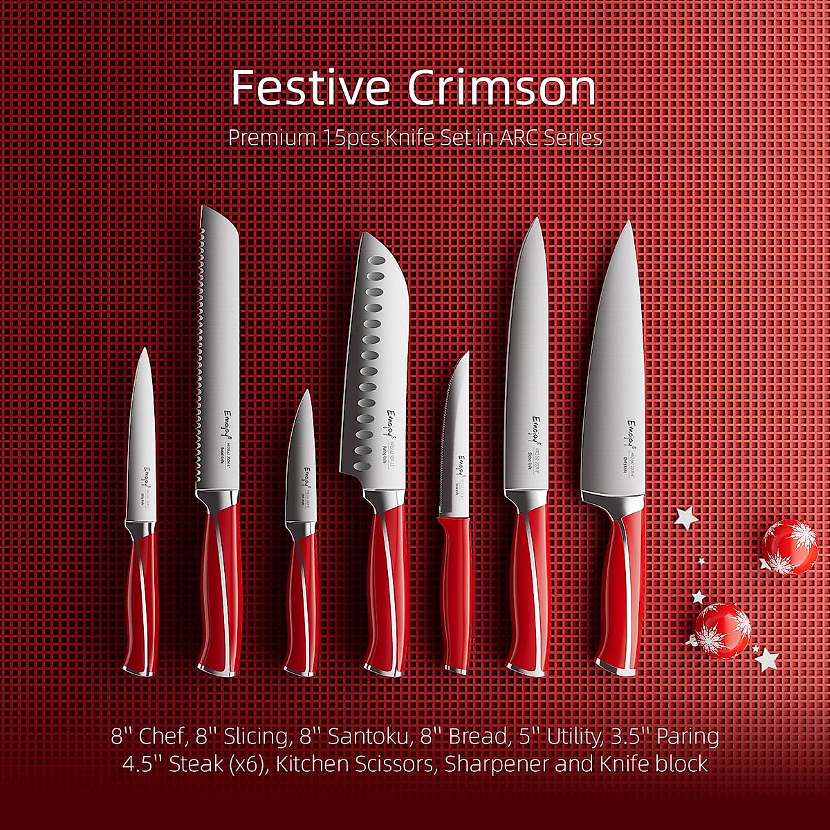 Knife Set, Emojoy 15 Piece Kitchen Knife Set with Block Wooden, German Stainless Steel Sharp Chef Knife Set with Sharpener, Dishwasher Safe and Rust Proof (kitchen knife set red)