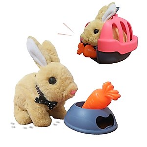 Suniauntie Interactive Bunny Rabbit Stuffed Animal, Easter Gift for Kids, Electric Plush Toy with Sound & Movements, Play House Set