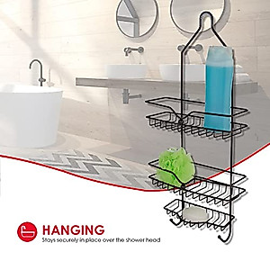 Home Basics Classic 2 Shelf Shower Caddy with Bottom Hooks and Center Soap Dish Tray, Bronze