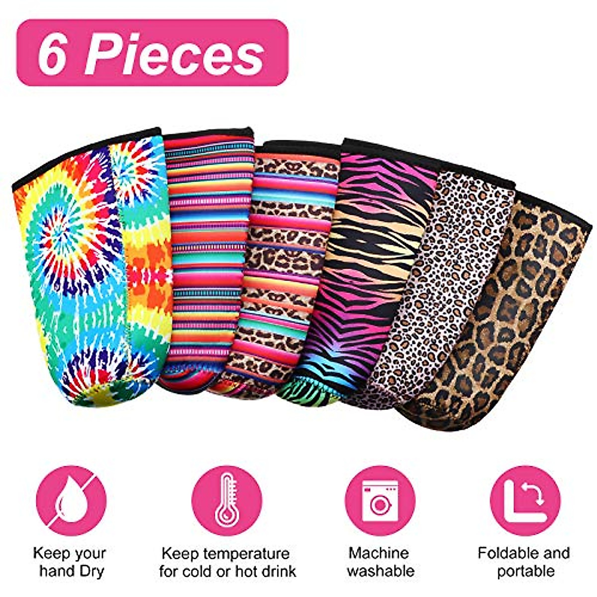 6 Pieces Reusable Coffee Cup Sleeve Neoprene Insulated Sleeves Cup Cover Holders Drinks Sleeve Holder Neoprene Tumbler Sleeves Cold Hot Beverages, 6 Styles (30 oz)