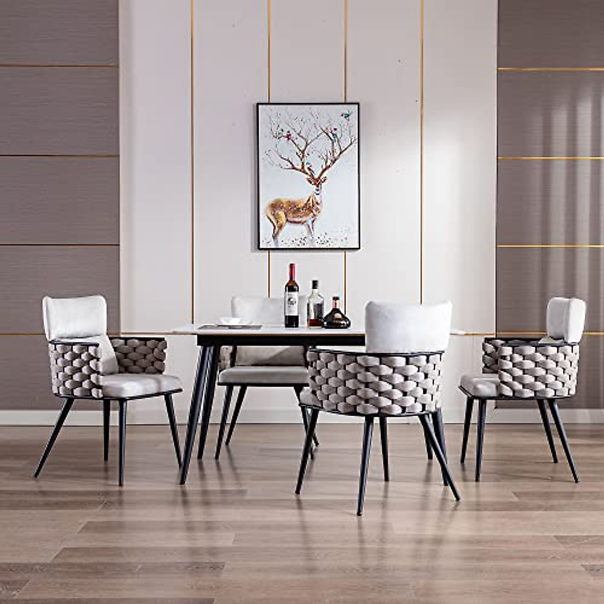 BFZ Mid-Century Modern Dining Chairs Set of 4, Handmade Woven Kitchen Chairs, Upholstered Velvet Chairs with Metal Legs, Living Room