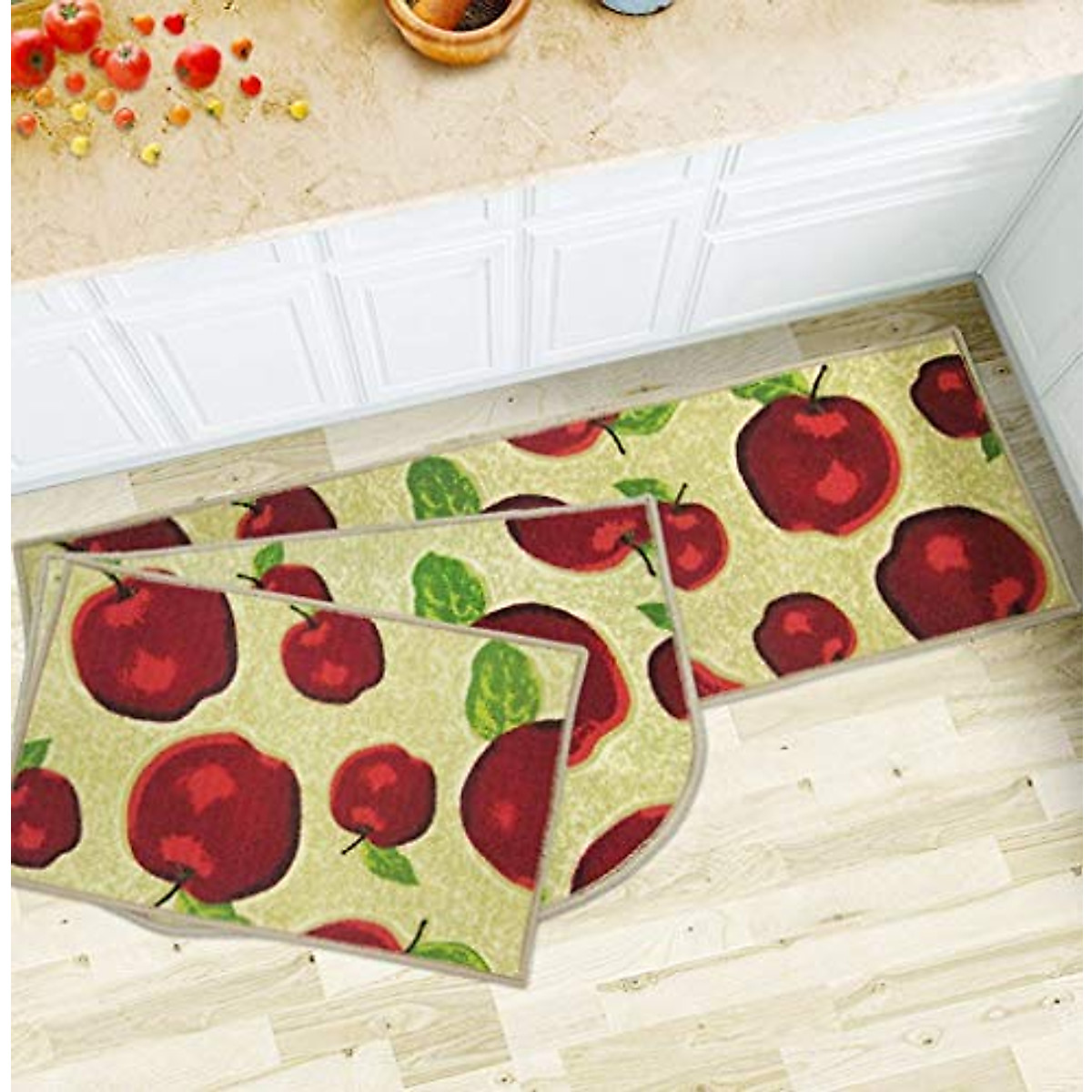 Wolala Home 3 Piece Sets Rubber Backing Non-Slip Red Apple Kitchen Rug and Carpet Machine Washable D-Shape Doormat Bathroom Foot Pads Thin (3pcs Sets, Multi)