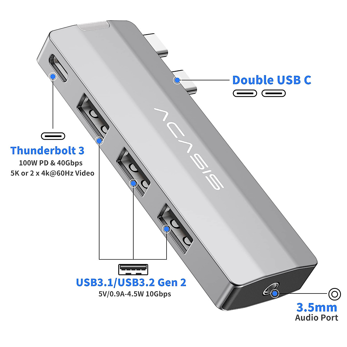 USB C Hub Adapter for MacBook Pro/Air M1 M2 13" 14" 15" 16" 2022-2019,ACASIS 5 in 1 MacBook Pro Accessories with 10Gbps 3*USB 3.1/ 100W Thunderbolt 3 PD Charing/ 3.5 Audio mic