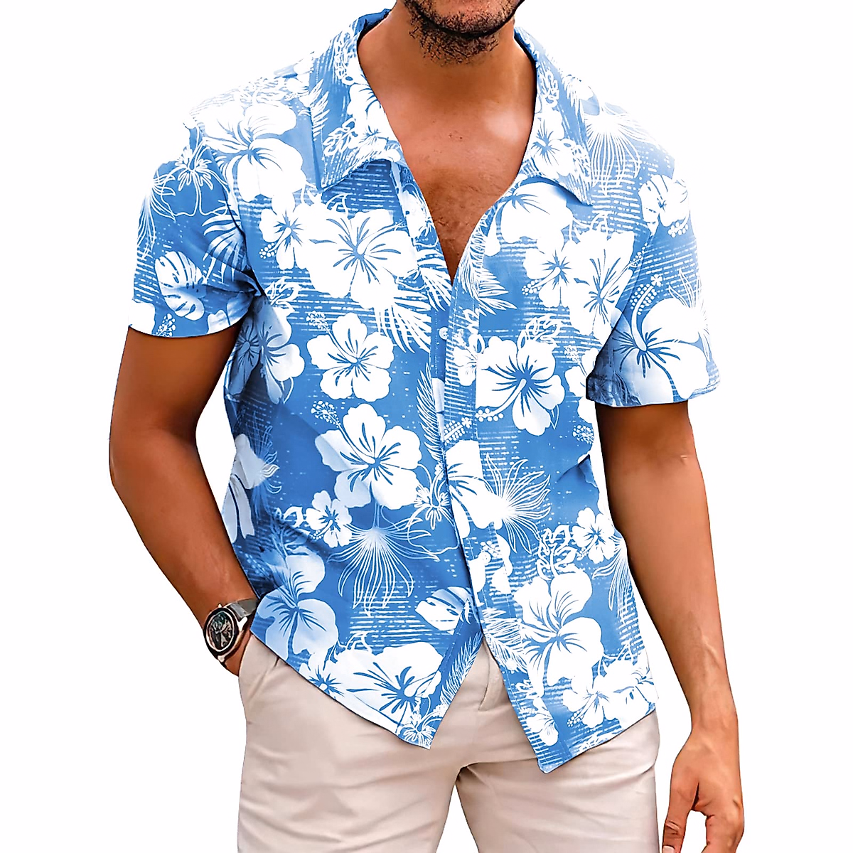 Men's Novelty Hawaiian Floral Shirt Summer Casual Button Down Tropical Holiday Beach Shirts Blue