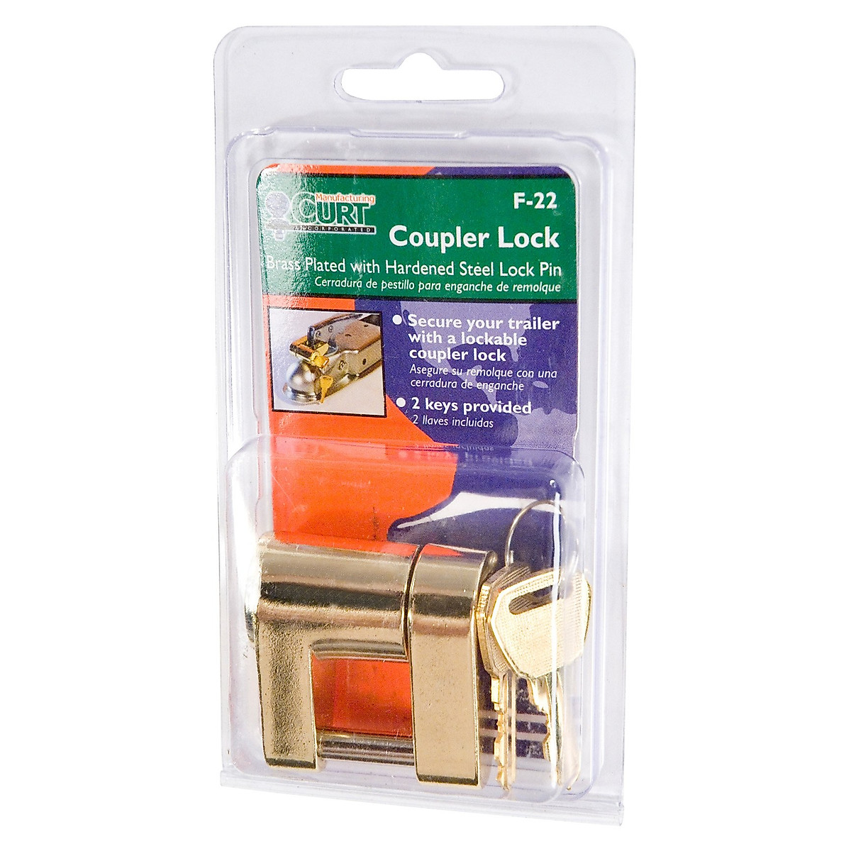 CURT 23022 Brass-Plated Steel Trailer Tongue Coupler Lock, 1/4-Inch Pin Diameter, Up to 3/4-Inch Span