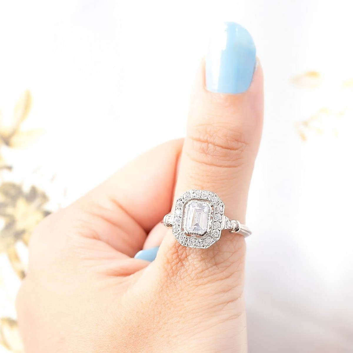 1 2/5 Carat Emerald Cut Cubic Zirconia Art Deco Milgrain Engagement Ring for Women in 925 Sterling Silver (VVS, 1.40 CTW) Anniversary CZ Ring Size 8 by Facet Jewel