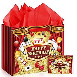 Large Casino Birthday Favor Gift Bags with Card Tissue Paper Red Happy Birthday Treat Gift Bags Las Vegas Poker Themed Gift Wrapping Paper Bag for Men Women Christmas Casino Birthday Party Decorations Supplies