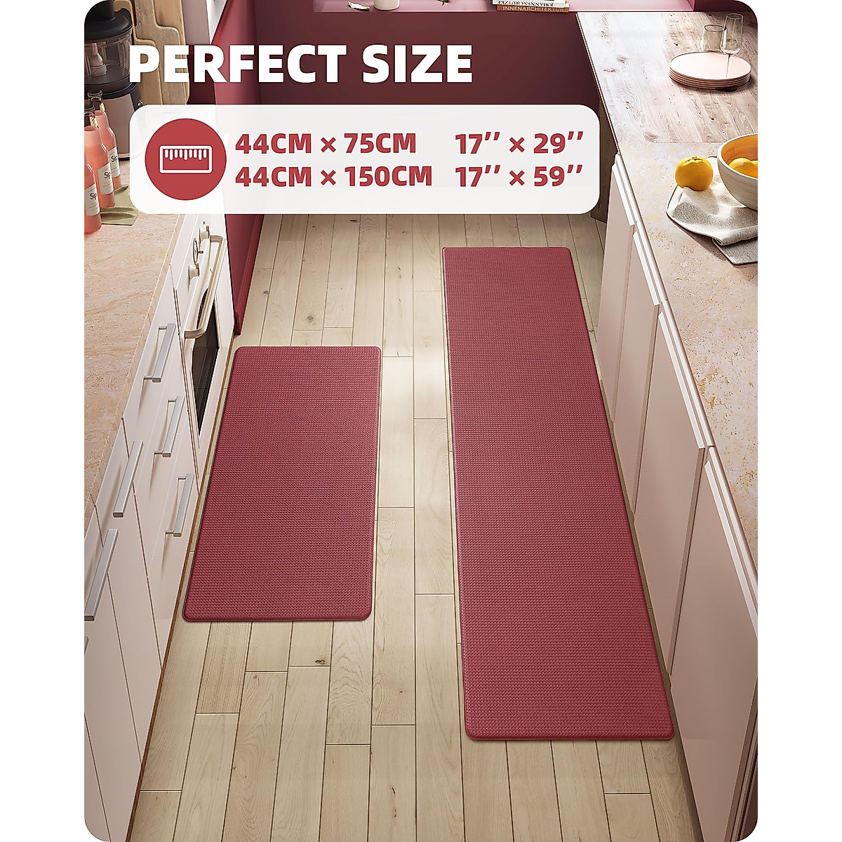 Color&Geometry Kitchen Rug Set 2 Piece Kitchen Runner Rug Kitchen Floor Mat, Cushioned Anti Fatigue Non Skid Waterproof Comfort Standing Kitchen Mat, 17"x29"+17"x59", Red