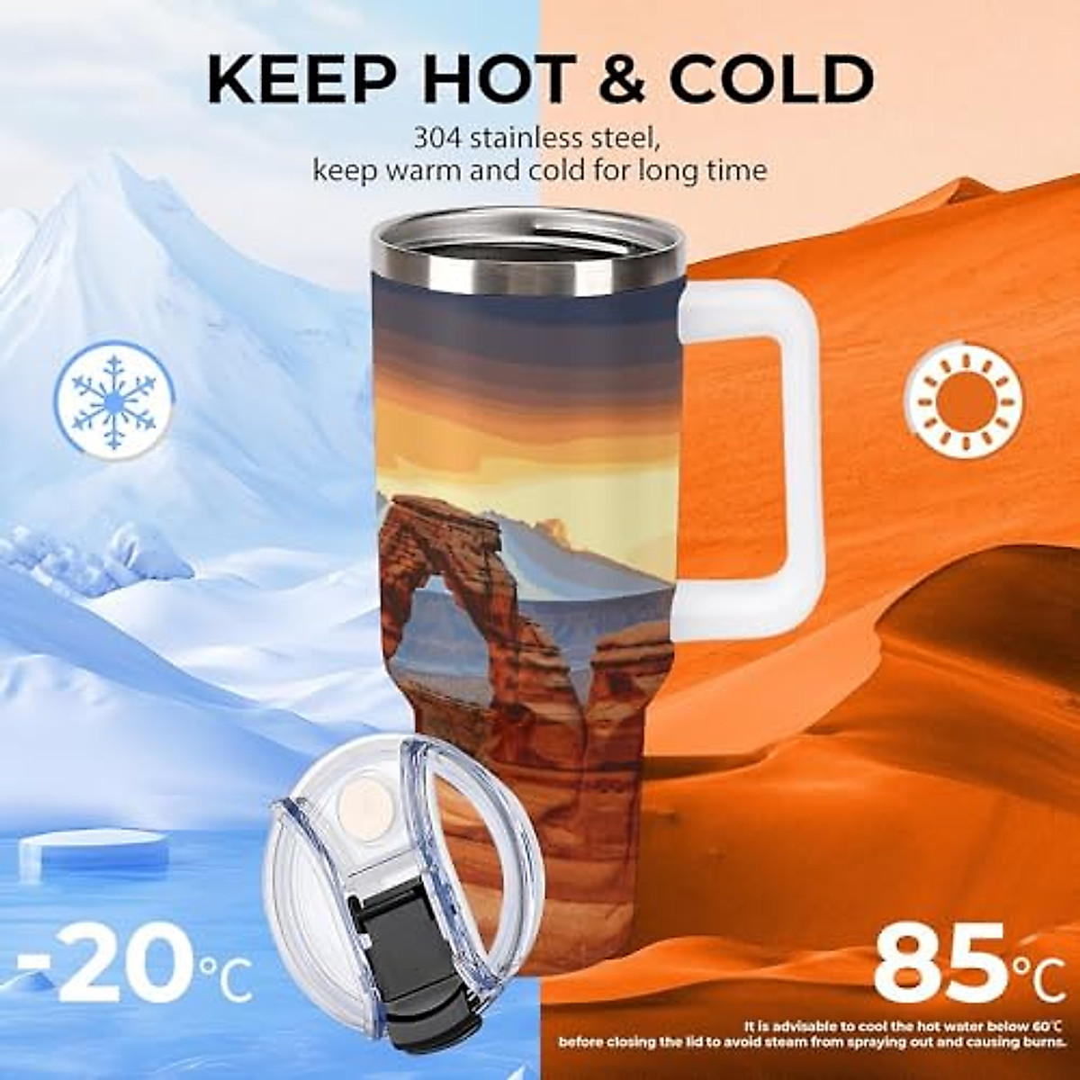 LLUTSNTH 40 Oz Vacuum Tumbler with White Handle Leakproof Insulated Tumbler Arches National Park Stainless Steel Travel Mug with Lid And Straw Coffee Cup Cute Water Bottles Cup Holder Friendly