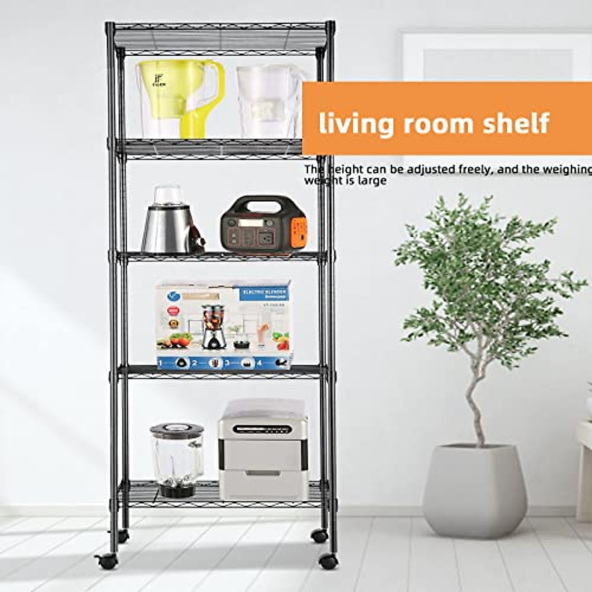 Storage Shelves (Black, 5-Shelf) 5-LAYER FAMILY SHELF, VERTICAL free combination shelf, kitchen, bedroom, garage, study, storage room, with wheels layer shelf, simple American heavy shelf.