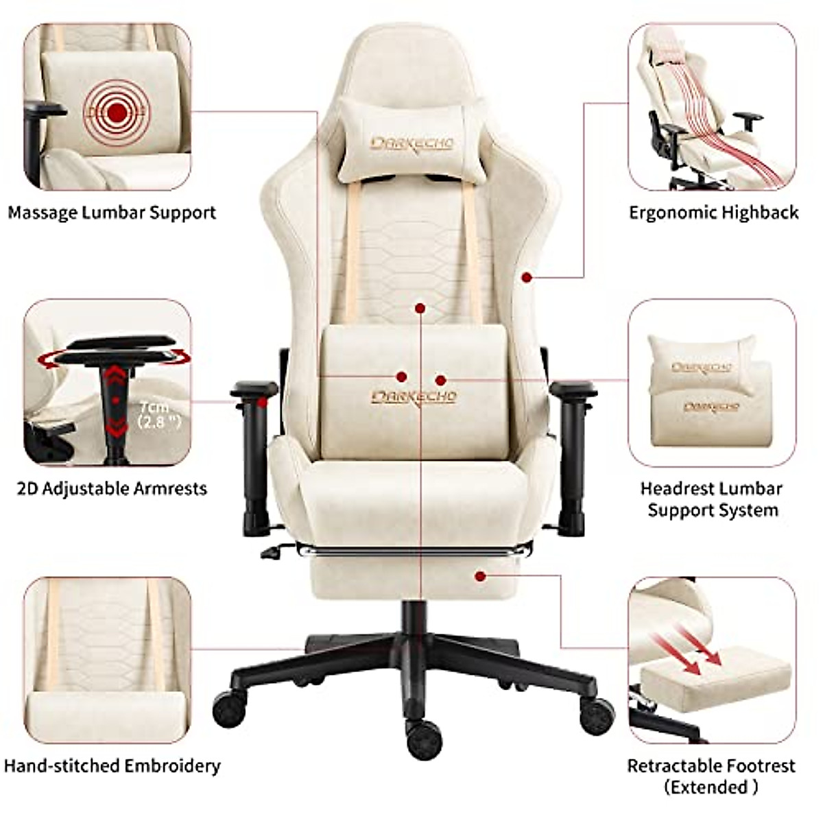 Darkecho Gaming Chair Office Chair with Footrest Massage Vintage Leather Ergonomic Computer Chair Racing Desk Chair Reclining Adjustable High Back Gamer Chair with Headrest and Lumbar Support Ivory