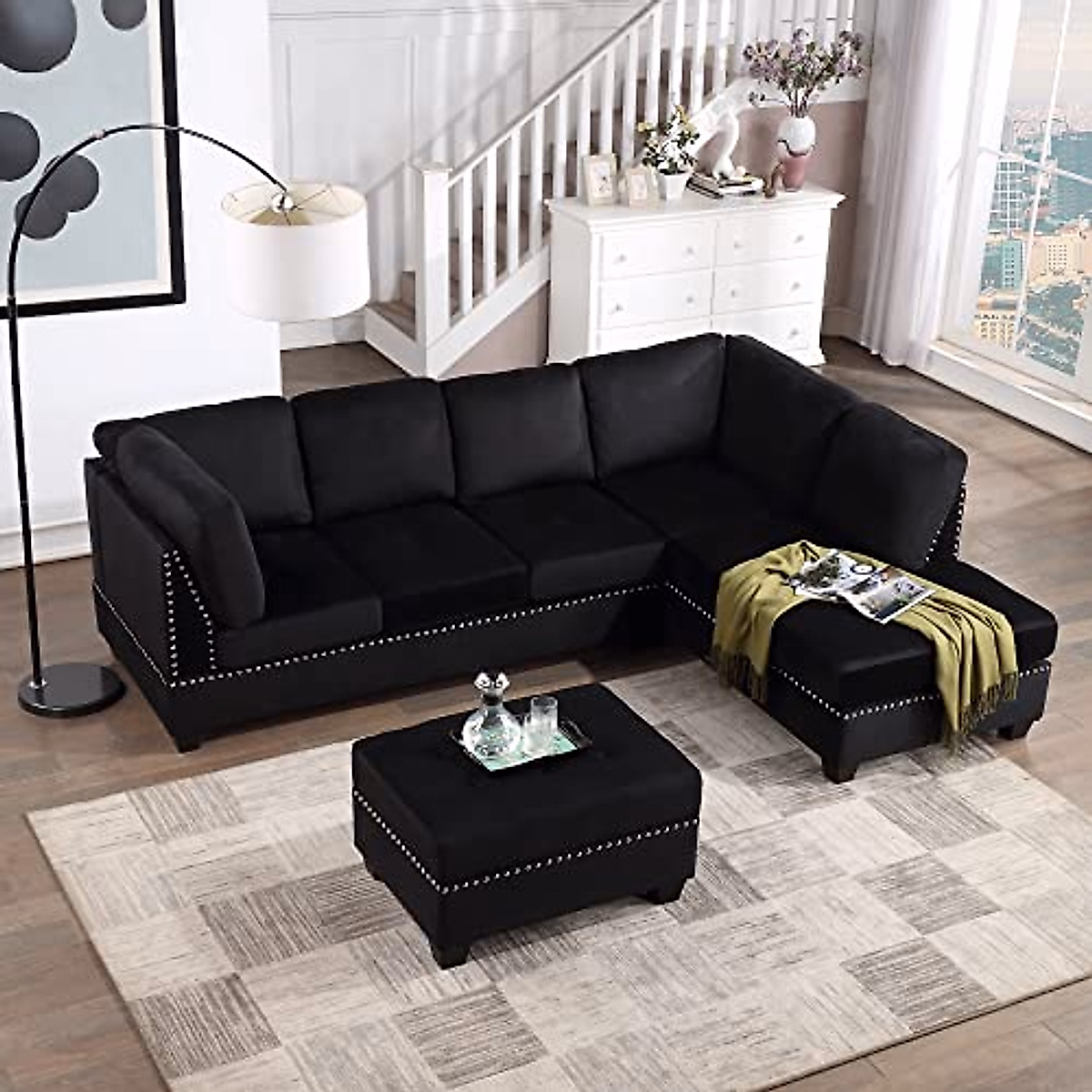 ERYE L-Shaped Corner Sectional Couch with Reversible Lounge Chaise and Drop-Down Cupholders,Modern Living Room Nailhead Decor 6 Seaters Sofa&Couch W/Storage Ottoman for Home Office Apartment