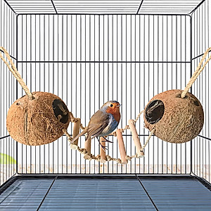 Bird Hides Coconut Nest with Wood Ladder,Syrian Hamster Cage Hanging Natural Coco Shell Hut Hide Toy with Wooden Bridge,Hollow Hideaway Toys for Small Animal Rat Lovebird Finches