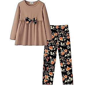 Yekaty Little Girls Clothing Set Kids Soft Crewneck Long Sleeve Outfits With Bowknot Khaki Tops+Floral Loose Pants Sets