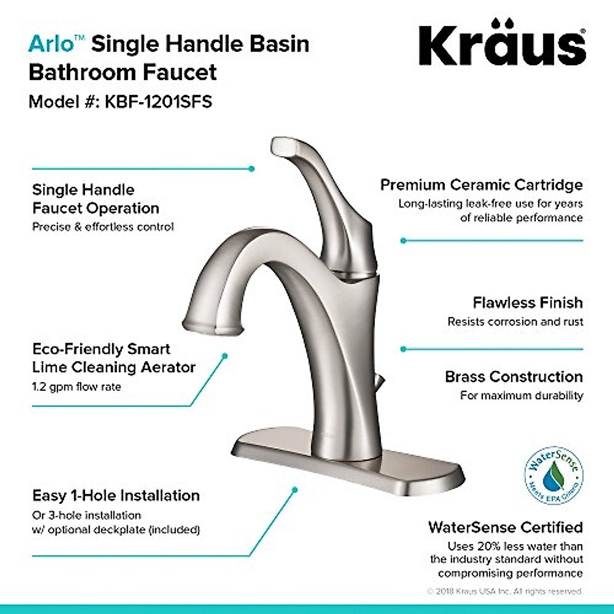 KRAUS KBF-1201SFS Arlo Single Handle Basin Bathroom Faucet with Lift Rod Drain and Deck Plate, Spot-Free All-Brite Stainless Steel