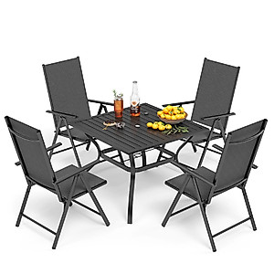 PHI VILLA 5 Pcs Patio Dining Set with Patio Table and Chairs, Outdoor Dining Set for 4 with Adjustable Patio Folding Chairs & Square Patio Dining Table with 1.57" Umbrella Hole, Black