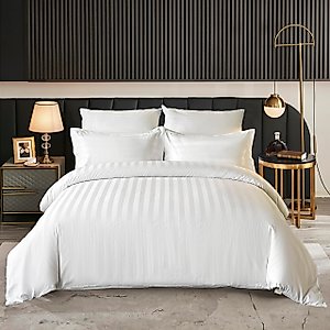 Amolavet Hotel Collection Duvet Cover King Size 100% Cotton Satin White Striped with Zipper Closer Comforter Cover King Size 3 Pcs Set 104x90 Inches (1 Duvet Cover & 2 Pillow Shams) King Quilt Cover