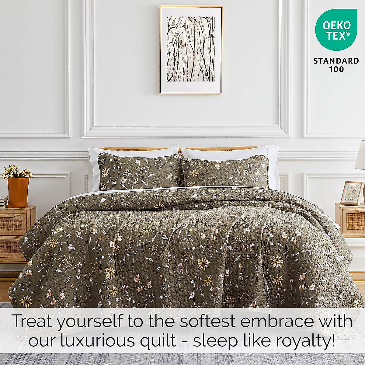 Southshore Fine Living, Inc. Oversized Queen Size Quilt Bedding Set, All Season Lightweight Bedspread, Boho Coverlet Full Size, Floral Bedding 3-Piece Set with Two Matching Shams, Full/Queen, Brown