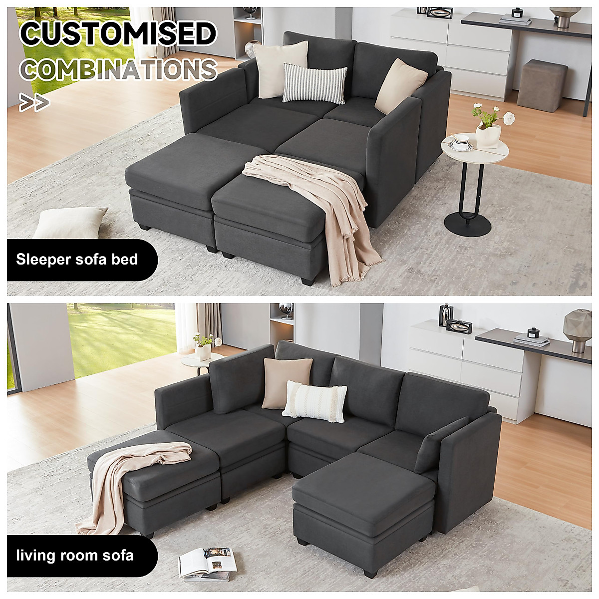 WETRUE Modular Sectional Sofa, Convertible U Shaped Sofa Couch with Storage, High Supportive & Soft Sponges, 6 Seat Modular Sectionals Sofa Couch with Chaise for Living Room, Dark Grey