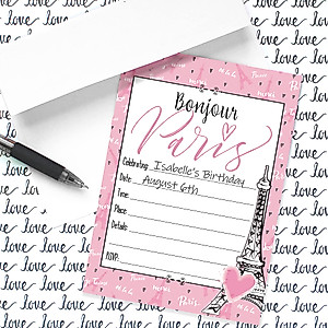 DISTINCTIVS Pink Paris Birthday Party Invitations - French Parisian Party Theme - 10 Cards with Envelopes
