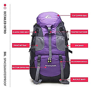 Bseash 50L Water Resistant Hiking Backpack, Lightweight Outdoor Sport Daypack Travel Bag for Camping Climbing Touring (Purple - No Shoe Compartment)