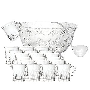 Party Essentials Plastic Punch Set with Ladle and Drinkware, Party Serveware for Cocktails, Fruit Punch, Tea, and Juices, Clear, 12 Qt Bowl + 20 Coffee Cups (8 oz.)