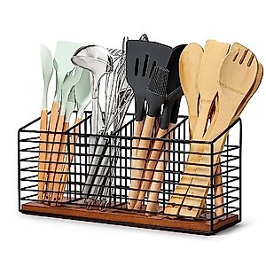 THYGIFTREE Large Utensil Holder for Kitchen Counter Black Metal Cooking Utensil Organizer for Countertop 4 Compartments Kitchen Tools Holder for Spatula Utensil Crock Caddy