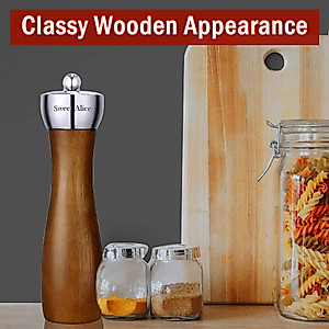 Salt and Pepper Grinders Refillable ​Set, Beech Wood Pepper Mill with Ceramic Mechanism, Solid and Durable Salt Grinders Suited for Sea Salt, Black Peppercorn (6'', Brown Set of 2)