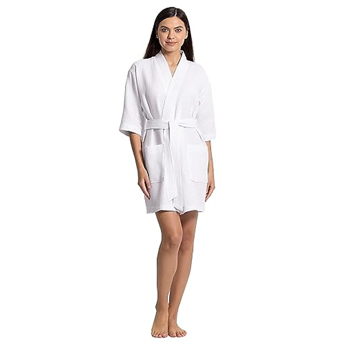 Chakir Turkish Linens Lightweight - Quick Dry Waffle Knit Bath, Spa and Bridesmaids Kimono Short Robe (White, One Size)