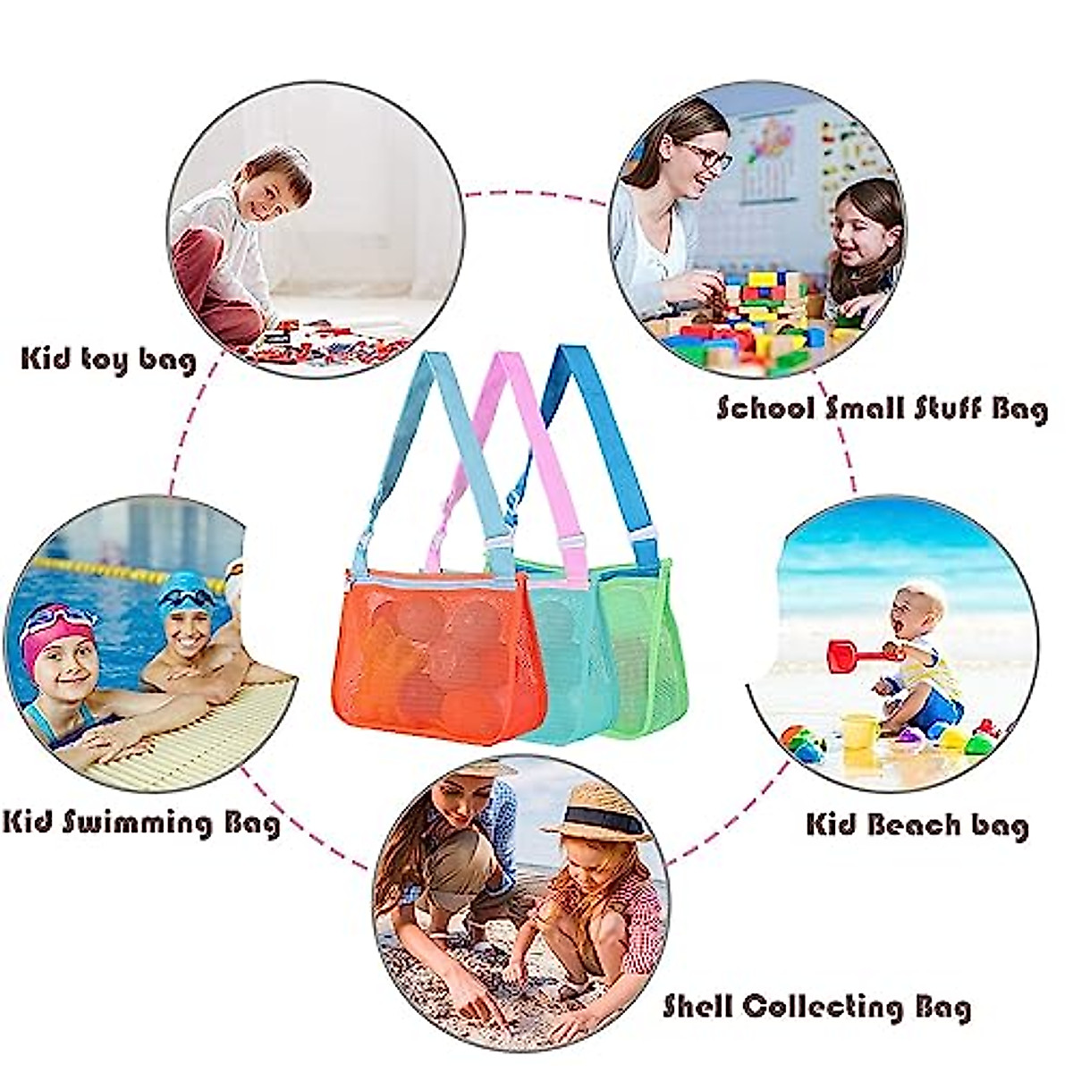 Orga'Neat Mesh Beach Shell Bag for Kids Sea Shell Collecting, Sand & Water Falls Through, Fast Dry Mesh Toy Bag for Girls Boys Picking Up Shells -3 Pack