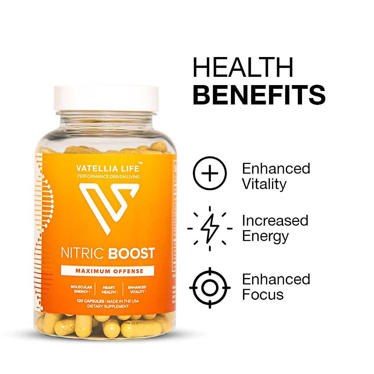 Vatellia Life Nitric Boost - Nitric Oxide Supplement for Men | High Absorption Formula | 100% Natural Ingredients | Best Nitric Oxide Booster | Increase Blood Flow | 2 Month Supply