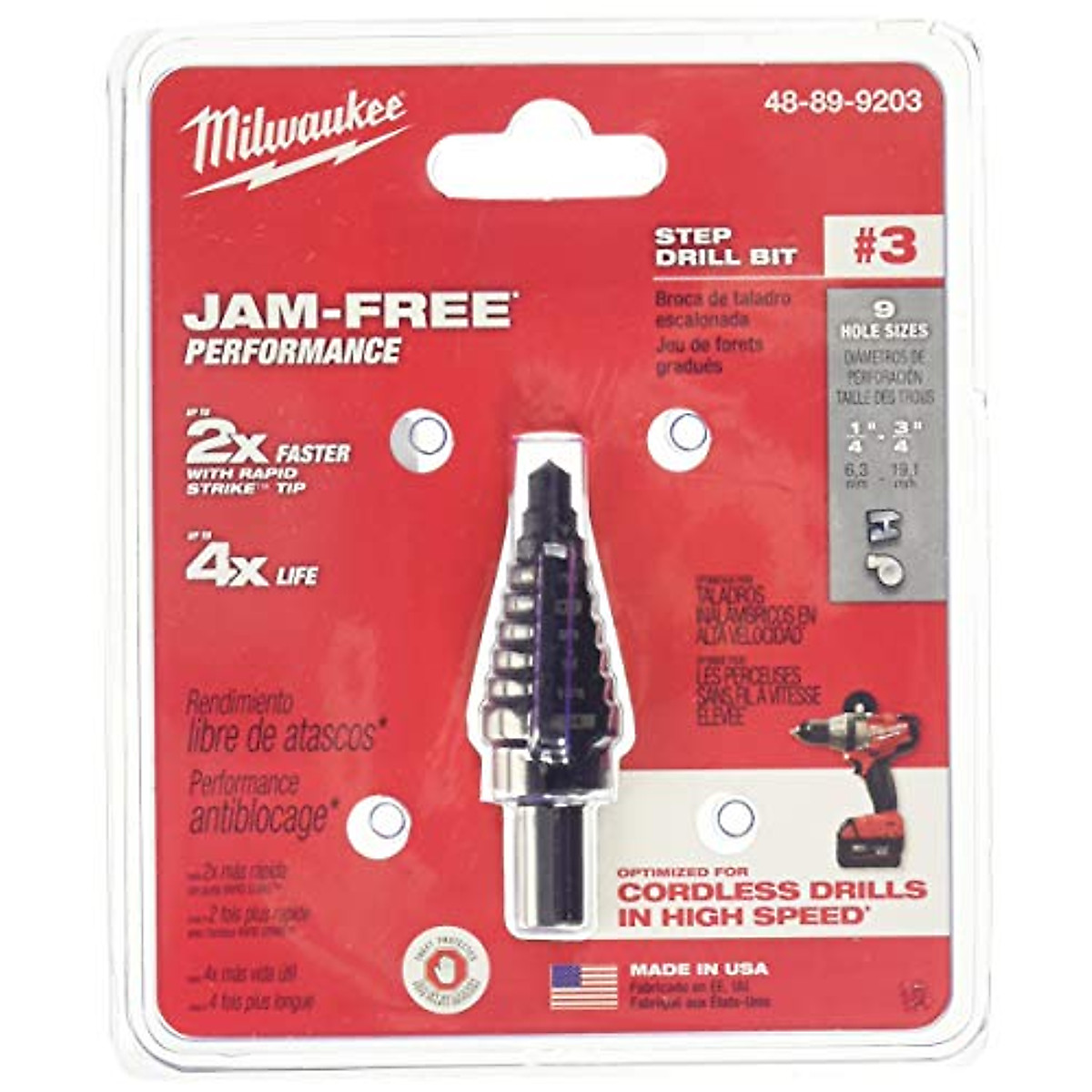 Milwaukee Electric Tool 48-89-9203 Step Drill Bit, 1/4-3/4 Hole ", 3, 9 Hole Steps, 1/16" D Step, 2 Flutes, 3/8" 3-Flat Shank