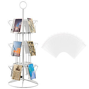 12 Pockets Countertop Rotating Greeting Card Rack with 200 Clear Resealable Polypropylene Bags 3 Tier Metal Display Stand Spinning Floor Stand Pocket Rotating Holder for Stickers Showcase (White)