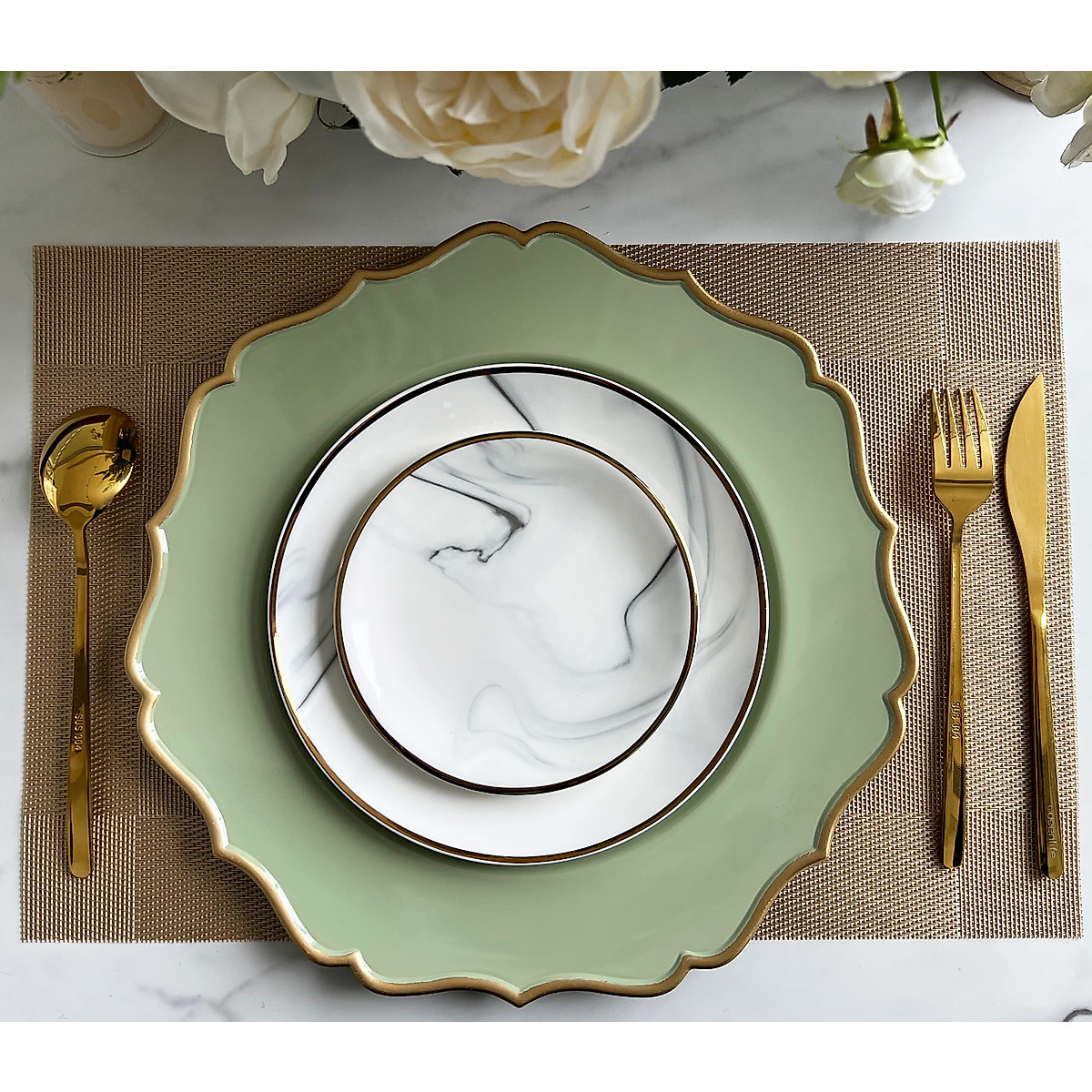 Henilosson Green Charger Plates Gold Trim - Classic Plate Chargers for Dinner Plates - Set of 6 Dinner Chargers（6，Green）