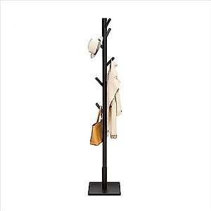 JOISCOPE Wooden Coat Rack Freestanding, Sturdy Coat Tree with 3 Adjustable Sizes, 8 Hooks and Easy to Assemble Coat Hanger for Coats, Hats, Scarves, Clothes and Handbags，Square(Black)