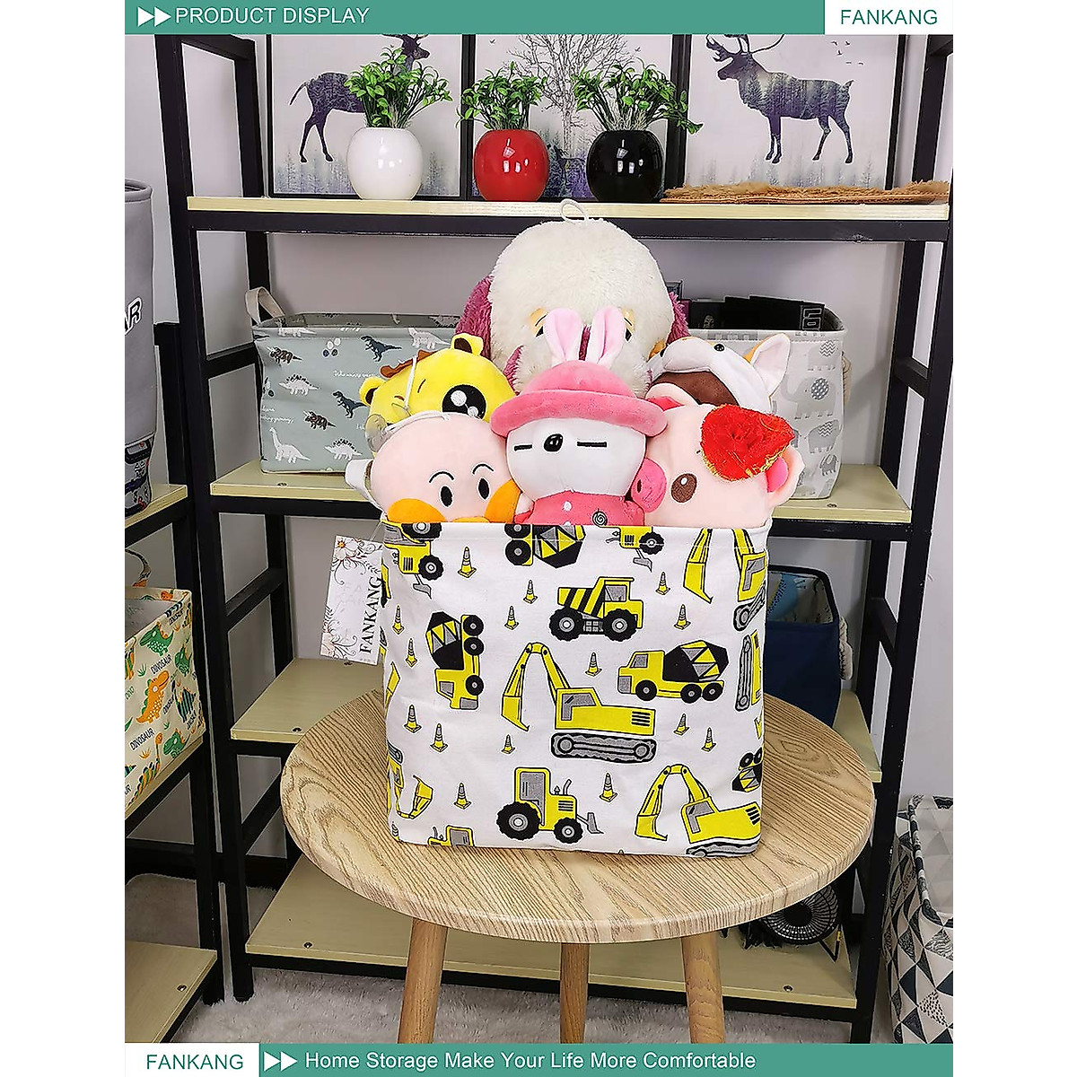 FANKANG Square Nursery Hamper Storage Bins Canvas Laundry Basket Foldable with Waterproof PE Coating Large Storage Baskets Gift Baskets for Children, Office, Bedroom, Clothes,Toys (square engineering)