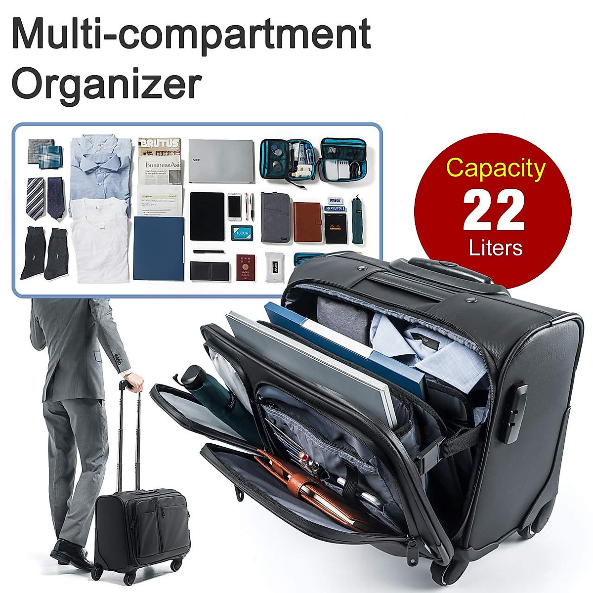 SANWA Rolling Laptop Bag with Lock, 22L Cabin Size, Water Resistant, Overnight Computer Briefcase on Wheels, Business & Travel &Carry On Luggage Bag with Telescoping Handle, 14-inch PC, for Men Women