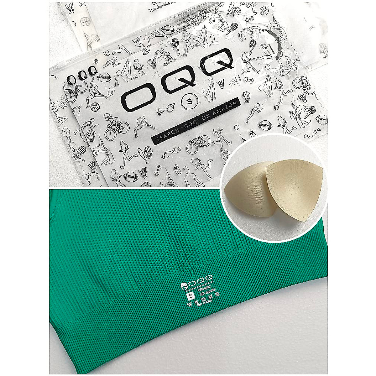 OQQ Women's 3 Piece Medium Support Crop Top Seamless Ribbed Removable Cups Workout Yoga Sport Bra Green Beige Blue