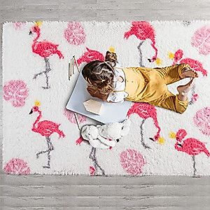 Keeko Premium Pink Flamingo Fluffy Area Rugs High Pile Printed Carpet, Flamingo Indoor Fuzzy Plush Girls Rug for Bedroom Kids Nursery Living Room Decor, 4×6 Feet Pink and White