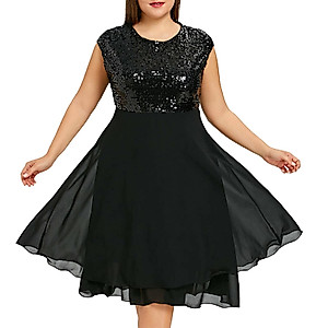 Sequin Dress for Women Plus Size Party Cocktail Mini Dress Mesh Sheer Flowy Formal Sleeveless Dresses for Wedding Guest Black