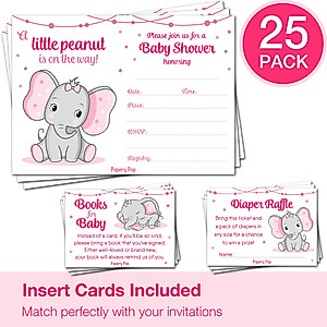 Set of 25 Baby Shower Invitations for Girl with Enveloppes, Diaper Raffle Tickets and Baby Shower Book Request Cards - Elephant