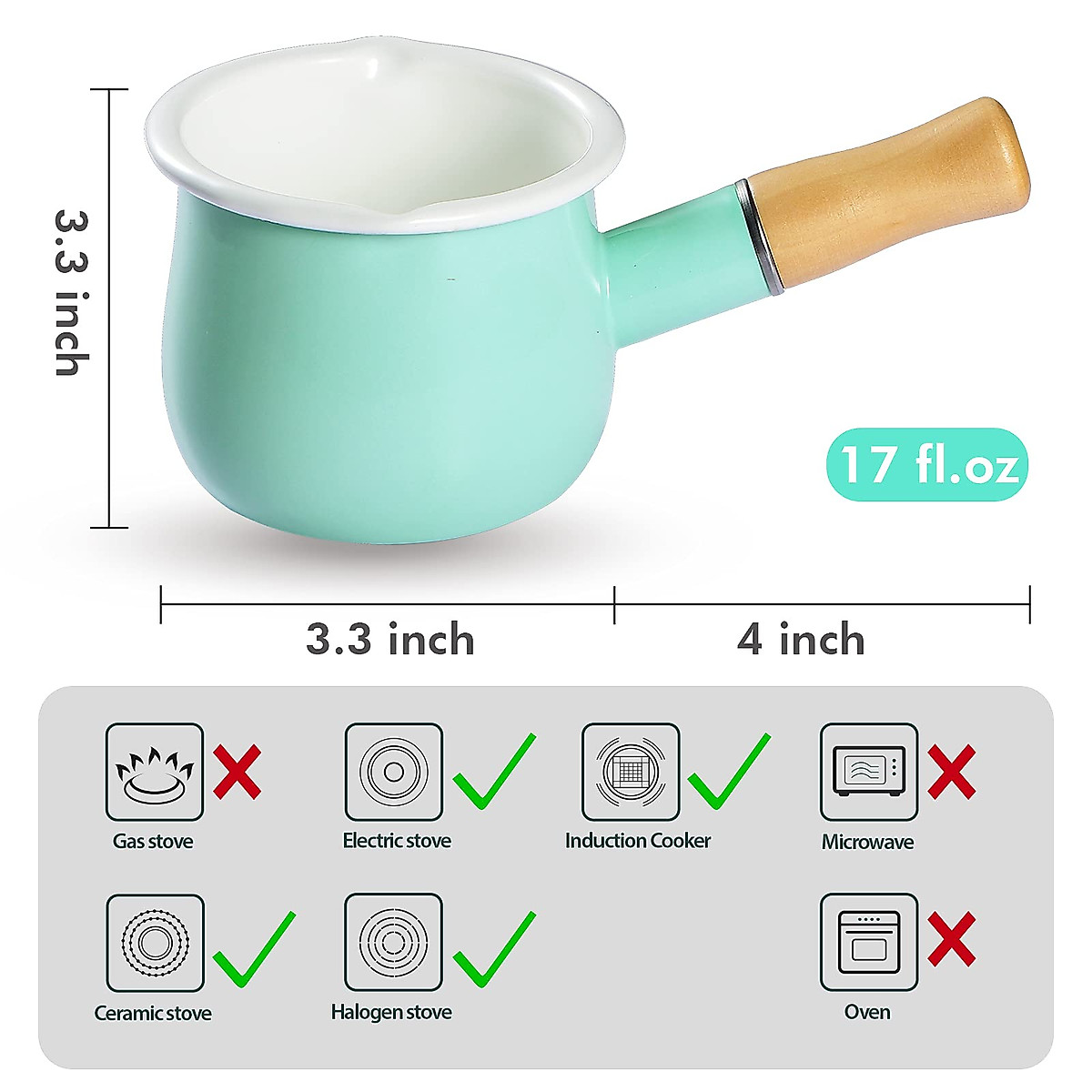 Enamel Milk Pan, Mini Butter Warmer 4 Inch 550ml Milk Pot Half Quart Saucepan Small Enamelware with Wooden Handle for Heating Milk, Melting Butter, Boiling Water
