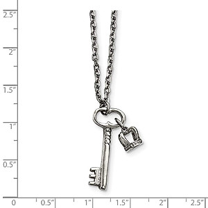 Solid Stainless Steel Key and Crown Emperor Royal King Queen Pendant 2 inch extension Pendant Necklace Charm Chain - with Secure Lobster Lock Clasp 15.5"