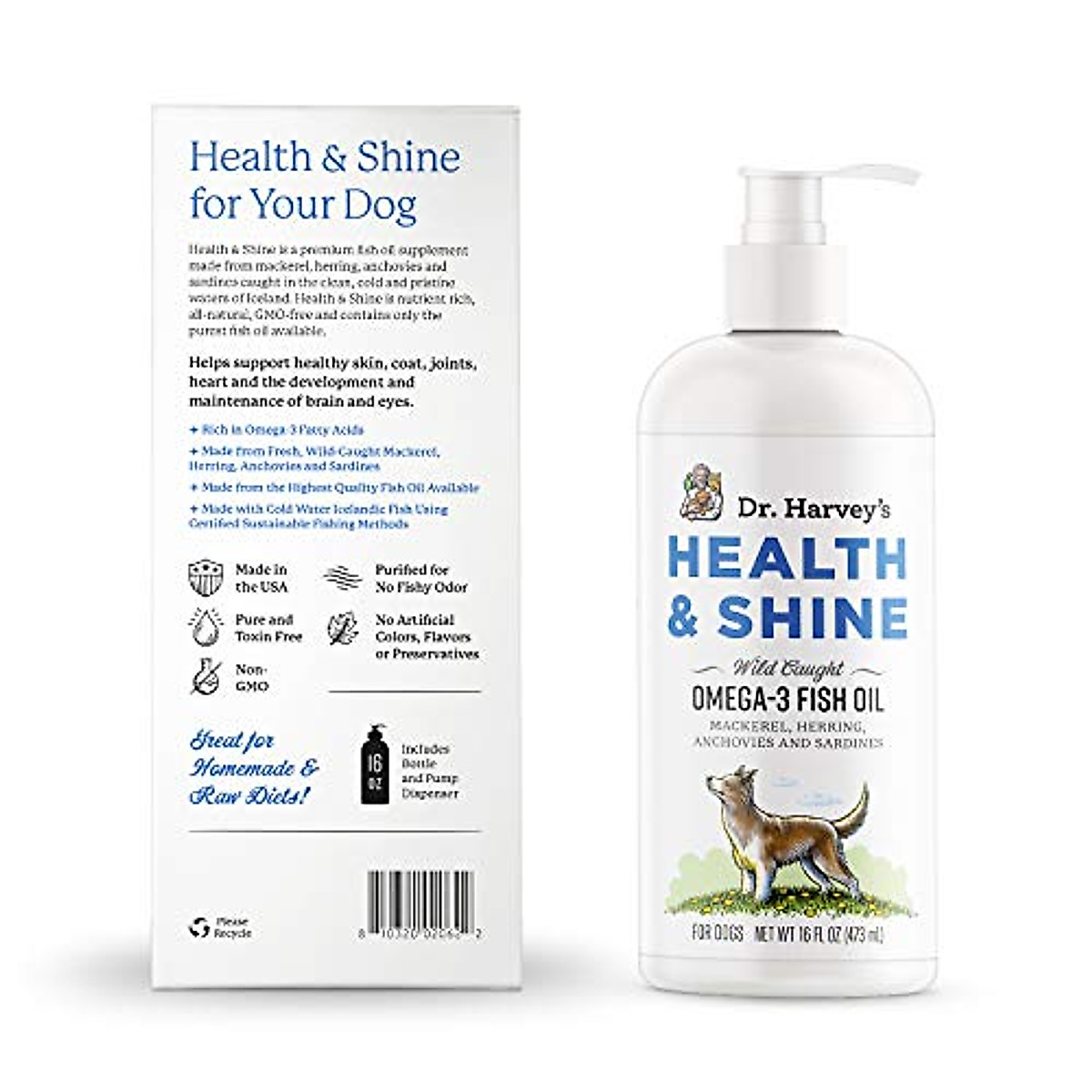 Dr. Harvey's Health & Shine Omega 3 Fish Oil for Dogs from Wild Caught Mackerel, Herring, Anchovies and Sardines - Supports Beautiful Fur, Strong Joints and Itchy Allergy Relief (16 FL OZ)