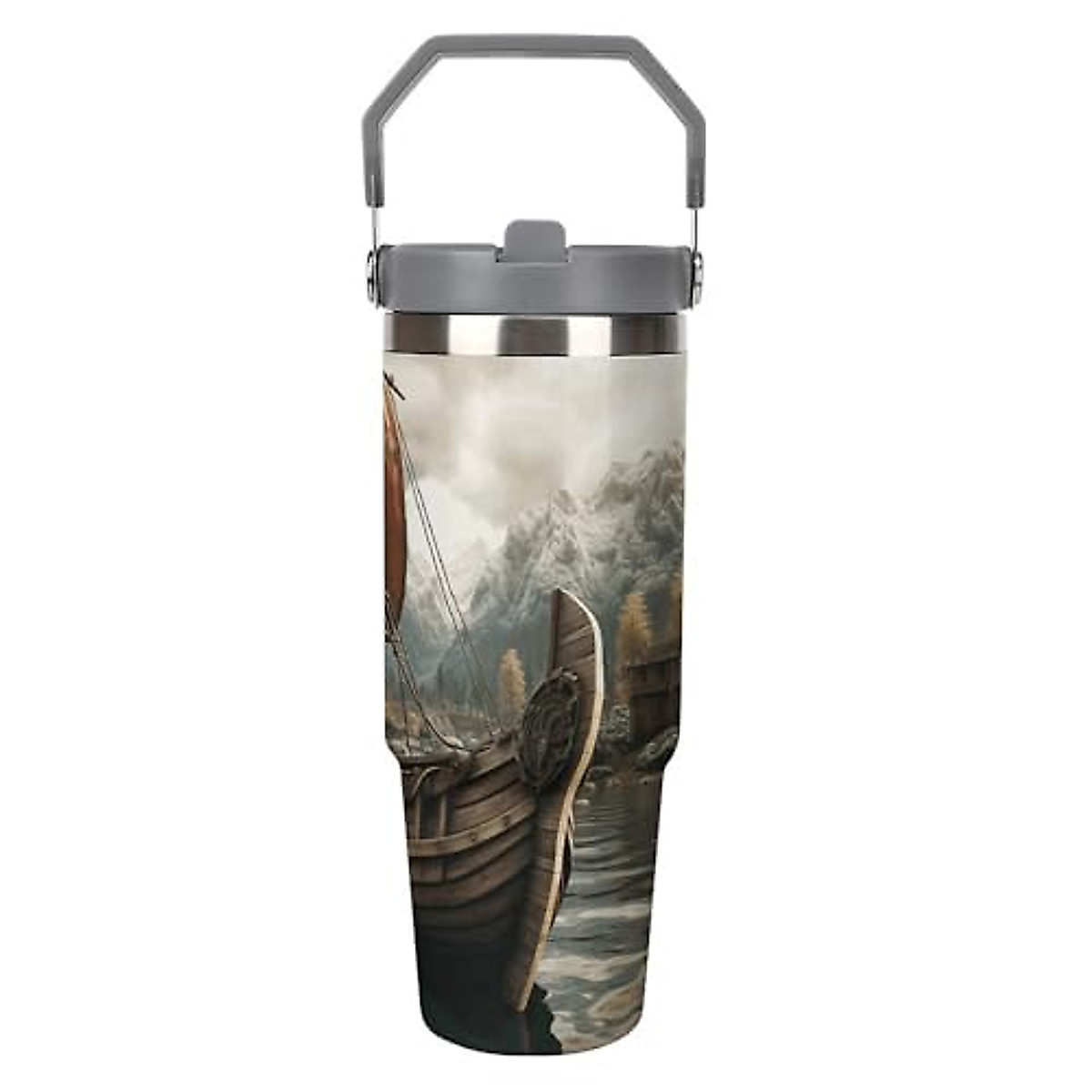 Old Viking Boat 30oz Stainless Steel Insulated Tumbler with Straw & Foldable Handle - Leakproof, Double-Wall Vacuum Travel Thermos for Hot/Cold Drinks, Non-Slip Base, Fit Cup Holders