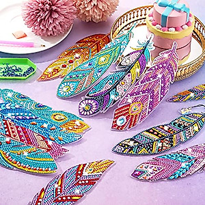 12 Pcs 5D Diamond Painting Bookmarks Crystal Feather Bookmark Acrylic Diamond Art Bookmarks Pendant Diamond Drawing Bookmarks Rhinestone Bookmarks for Adults Kids Home Office School Gift Supplies