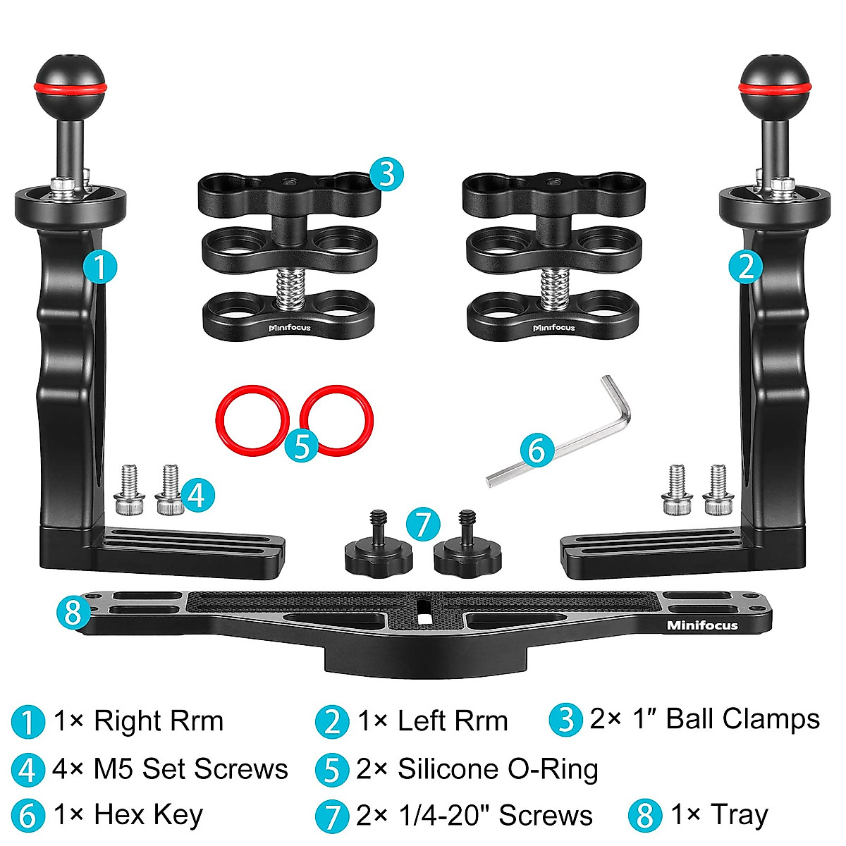 MINIFOCUS Underwater Camera Handle Tray Bracket, Dual Handle Extendable Aluminum Alloy Video Stabilizer Holder with 2 1'' Ball Clamp Mount for Underwater Camera Diving Housings